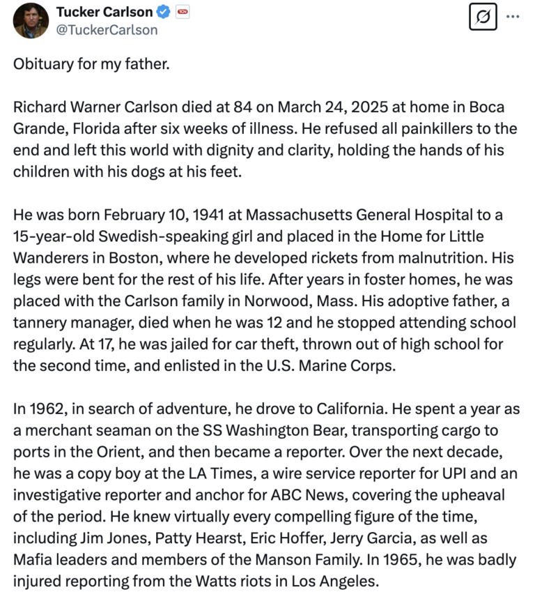 JUST IN: Tucker Carlson Announces Tragic Personal Loss