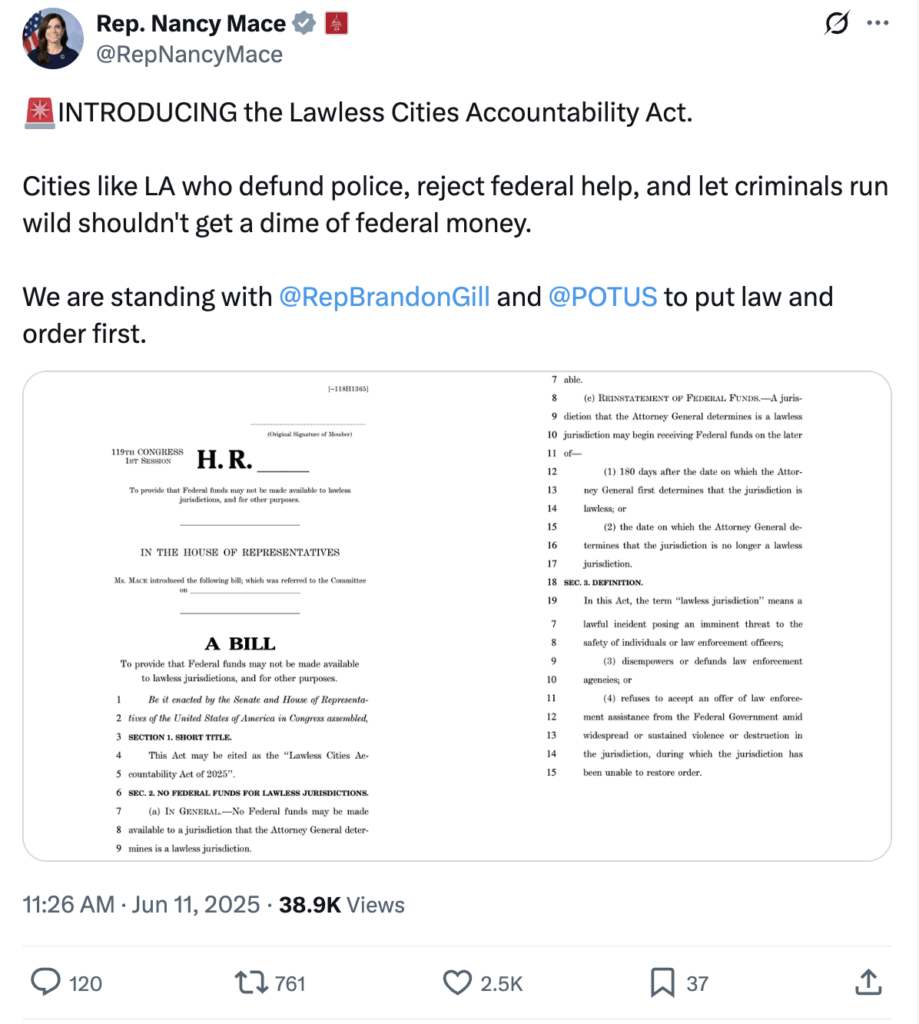JUST IN: GOP Rep. Introduces Bill To Punish 'Lawless Cities' Amid LA Chaos